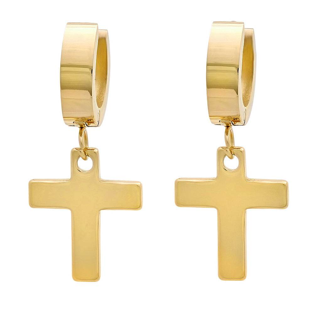 Steeltime Cross Dangle Huggie Stainless Steel Earrings Gold